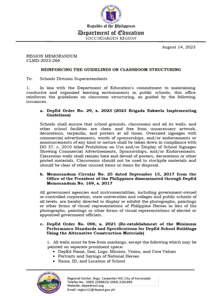 Region Memorandum CLMD 2023 266 REINFORCING THE GUIDELINES ON CLASSROOM STRUCTURING | PDF