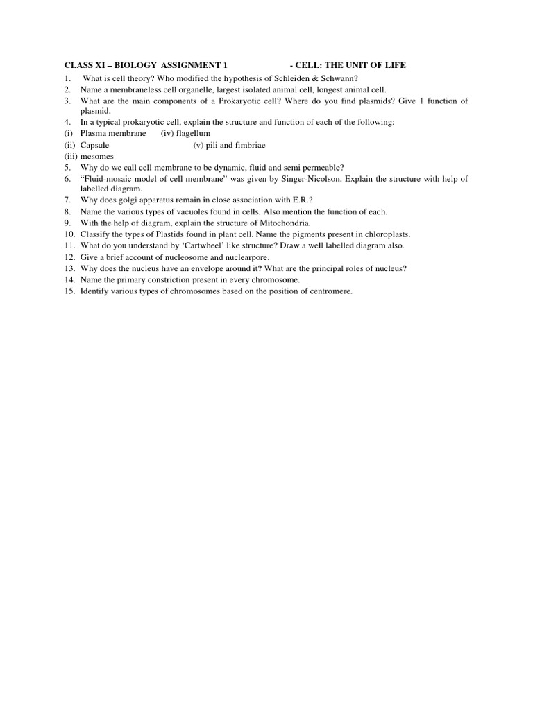 Class 11 Biology: Cell Worksheet | PDF