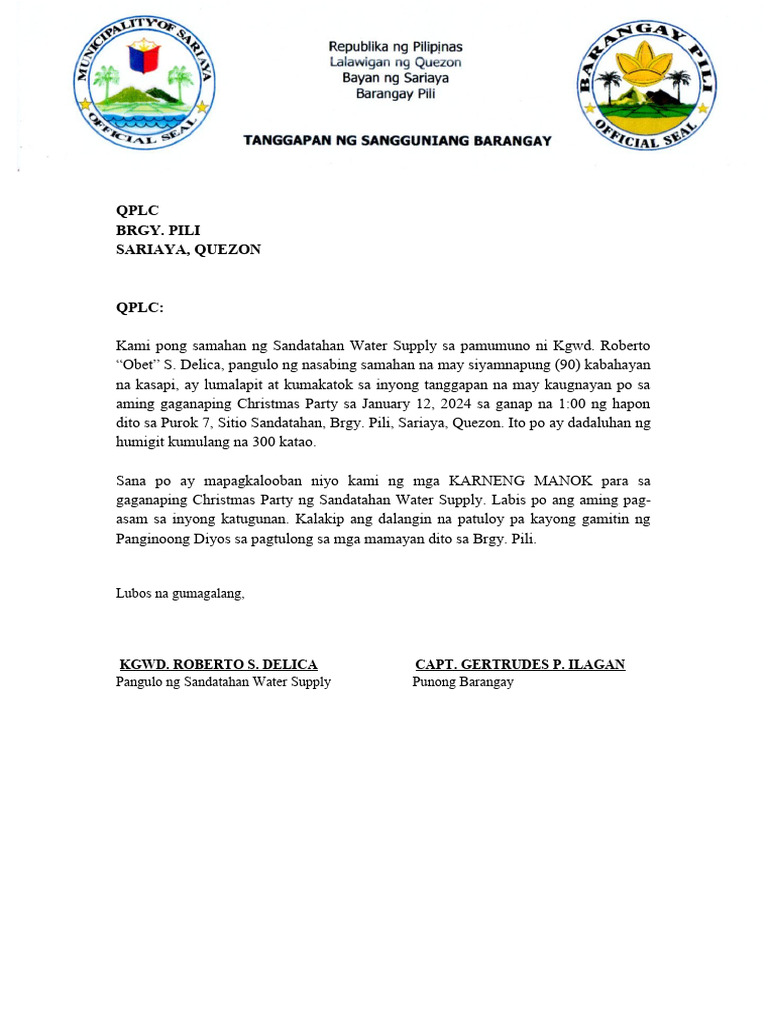 Helen Tan Letter Sandatahan Water Supply | PDF