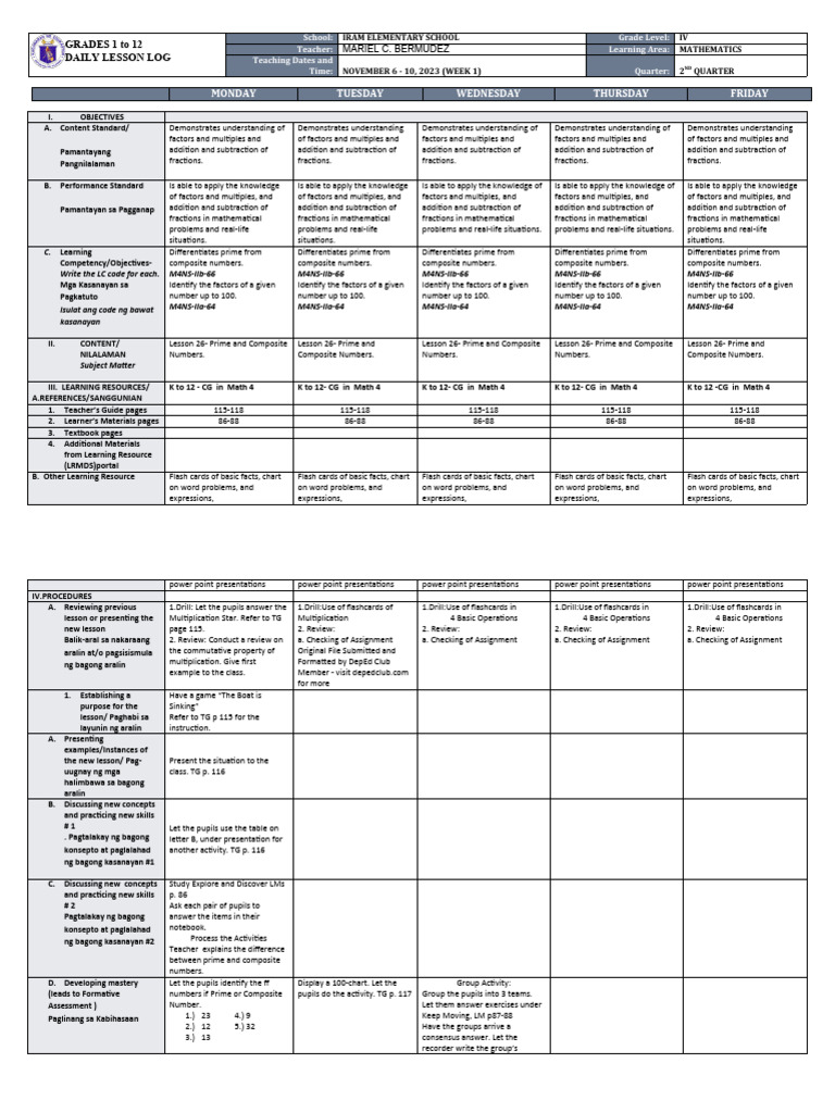 DLL - Mathematics 4 - Q2 - W1 | PDF | Flashcard | Cognition
