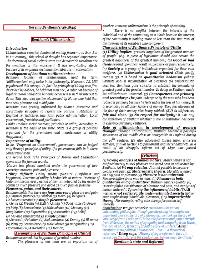 Bentham's Utilitarianism Explained | PDF | Utilitarianism | Pleasure