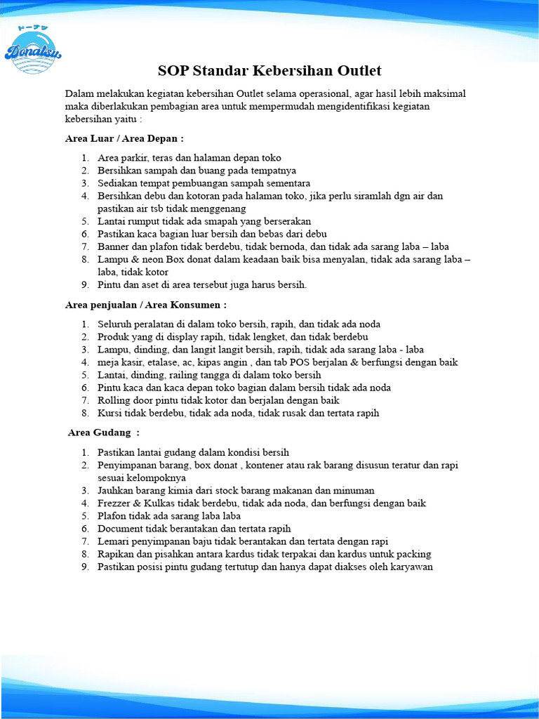 SOP Standar Kebersihan Outlet | PDF