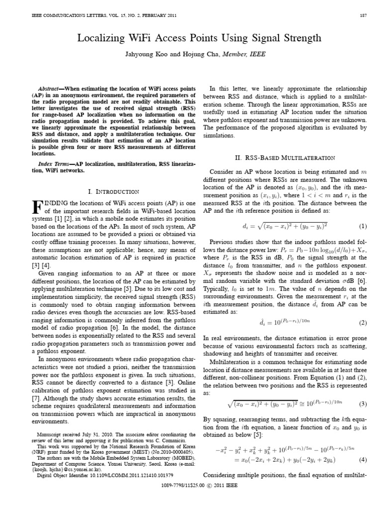 Localizing Wifi Access Points Using Signal Strength: Jahyoung Koo and ...