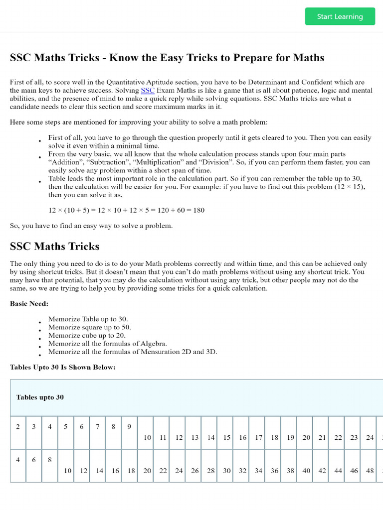 SSC Maths Tricks - Check Formula, Tricks For Fast Calculation! | PDF