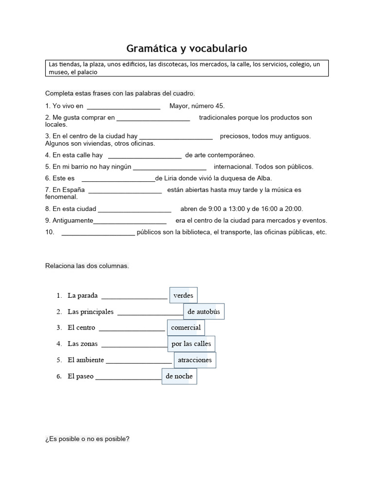 Gramática y Vocabulario - Mi Barrio | PDF