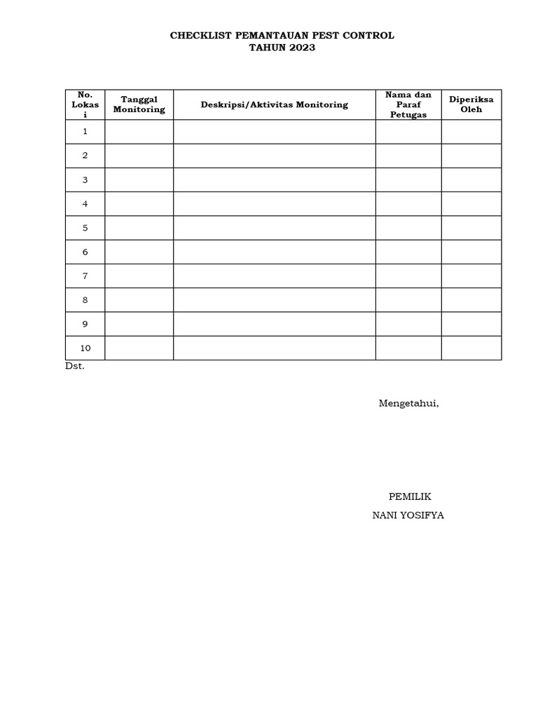 Contoh Formulir Pemantauan Pengendalian Hama | PDF