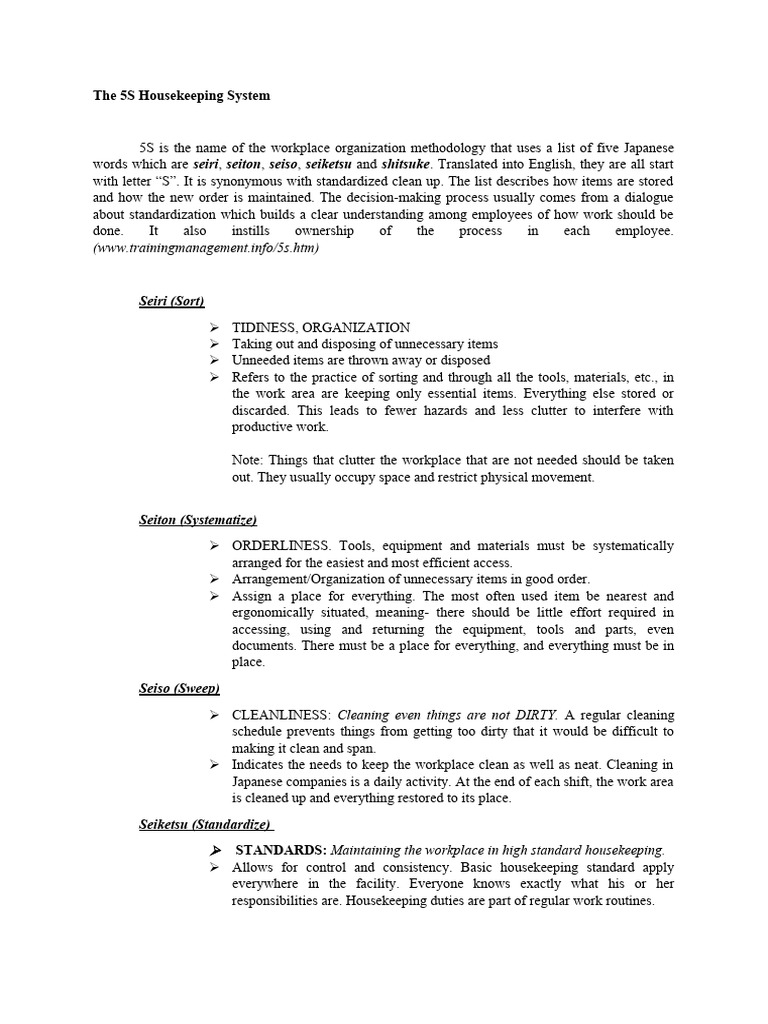 Understanding the 5S Housekeeping System | PDF | Cooking, Food & Wine