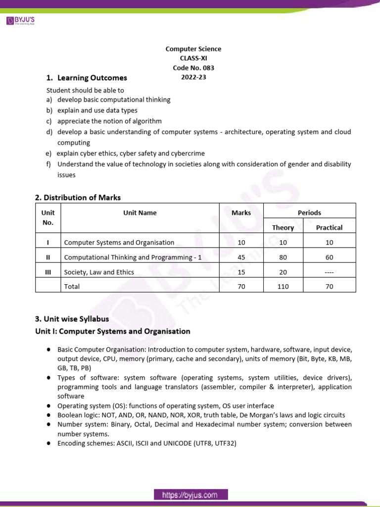 CBSE Class 11 Computer Science Syllabus 2022 23 | PDF