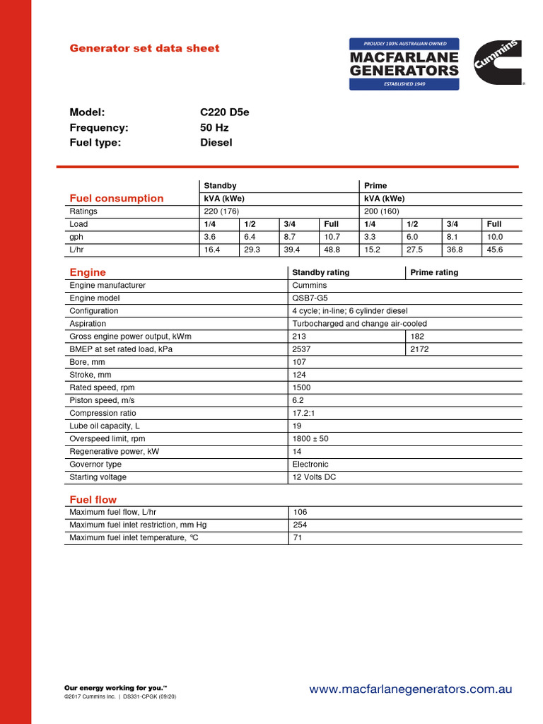 Cummins C220D5 Data Sheet | PDF
