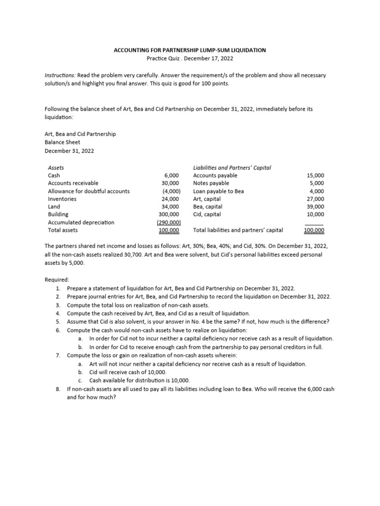 Partnership Liquidation Accounting Quiz | PDF