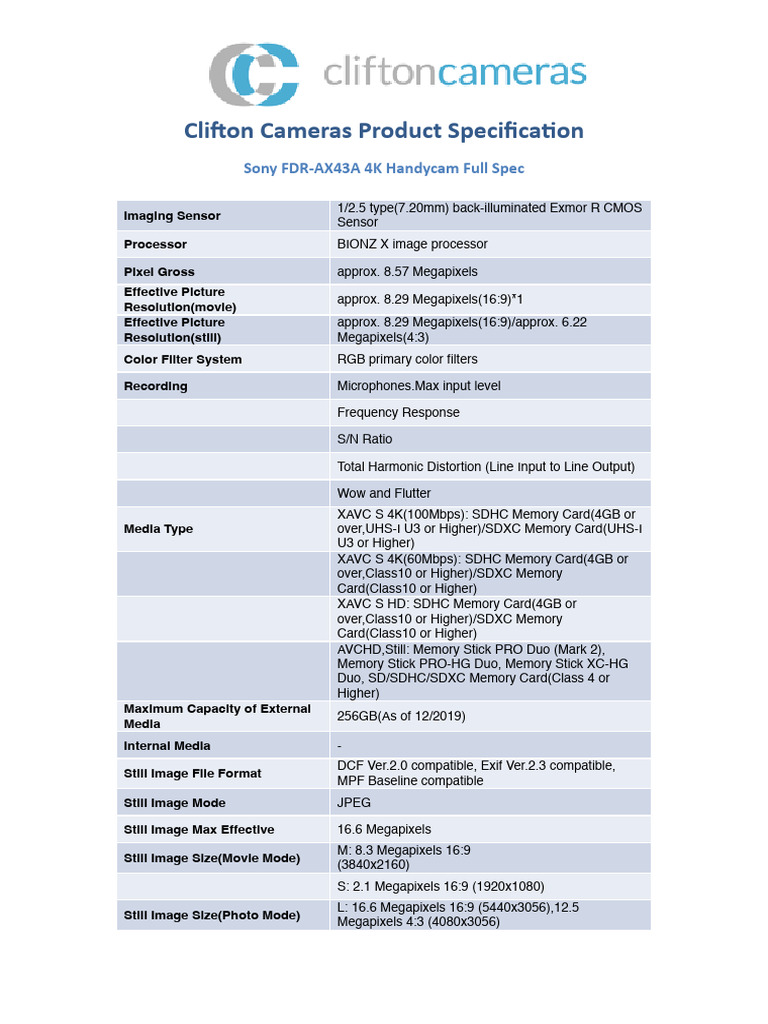 Clifton Cameras Sony FDR-AX43A 4K Handycam Full Product Specification | PDF