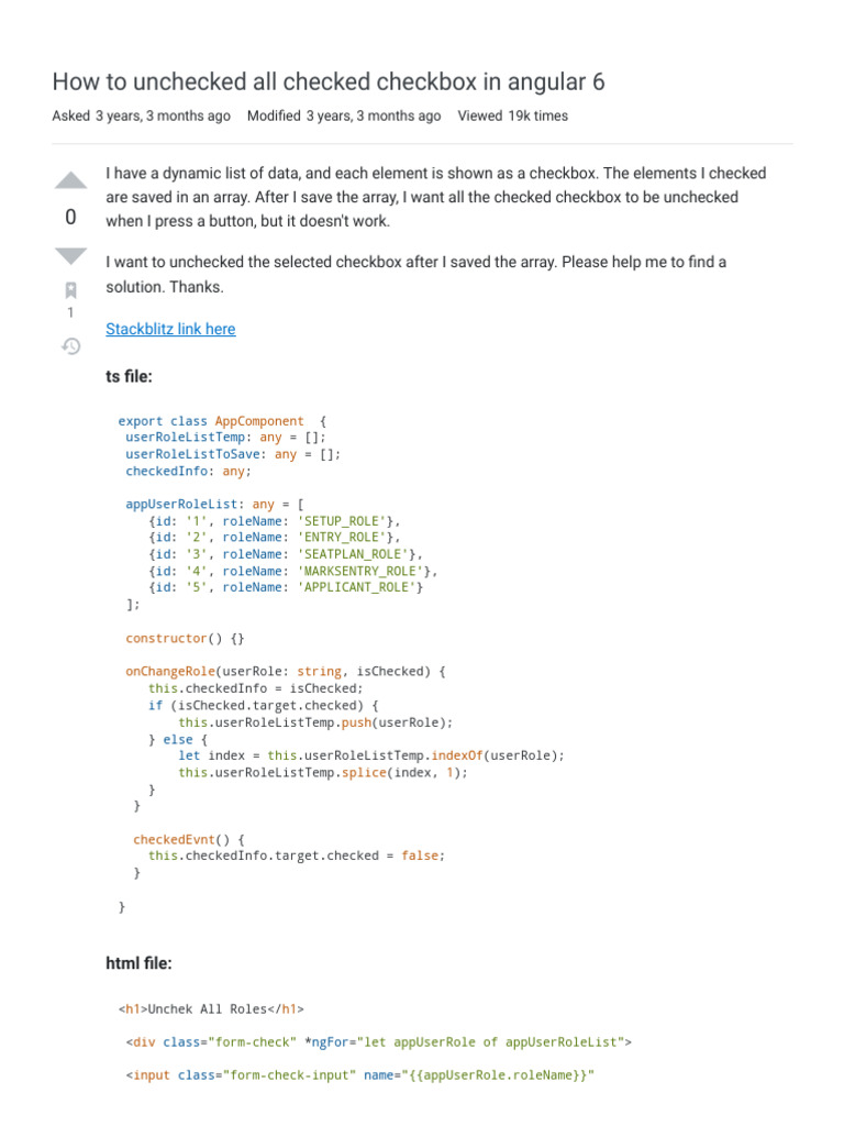 Javascript - How To Unchecked All Checked Checkbox in Angular 6 - Stack Overflow | PDF