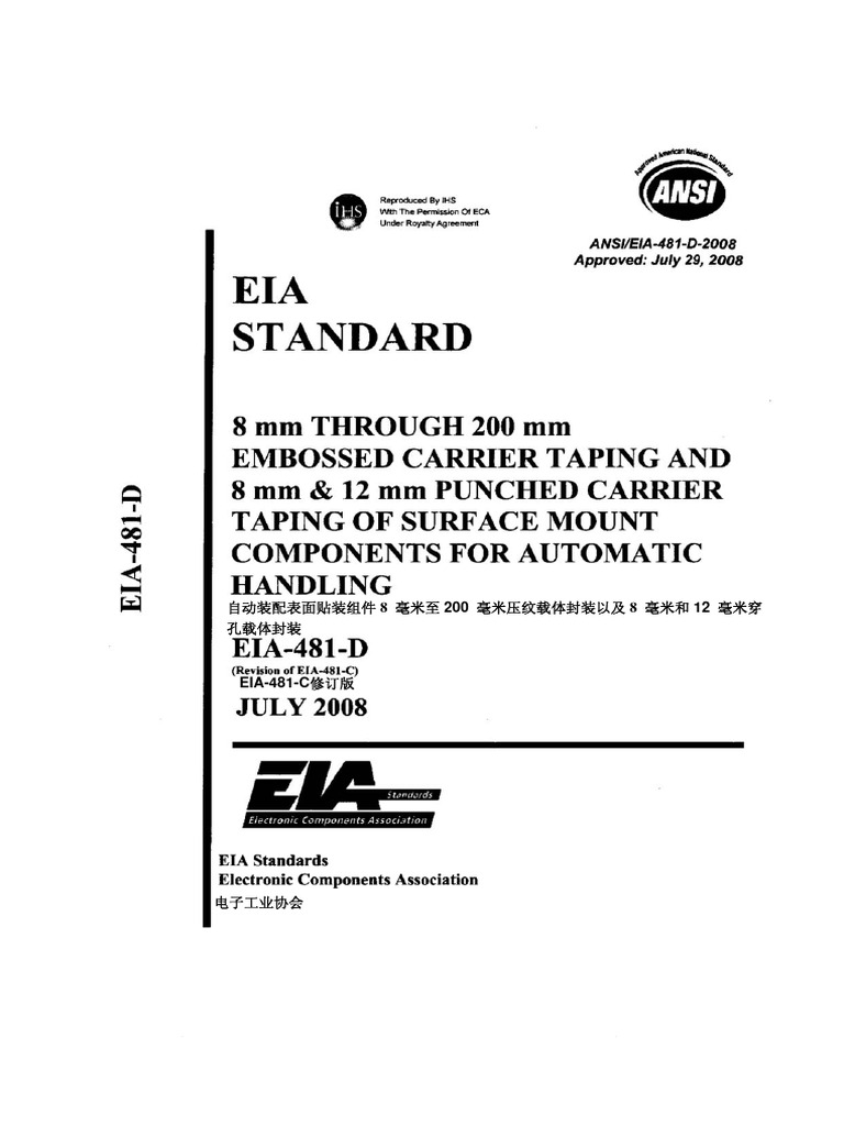 EIA Standard-D (EIA 481-D) 8mm Tape Packaging Testing | PDF ...