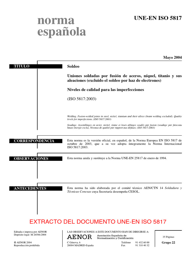 Norma UNE-EN ISO 5817: Calidad en Soldaduras | PDF