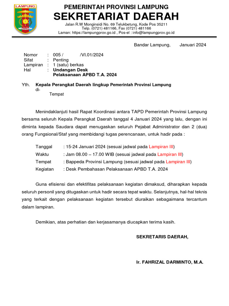 3 - Surat Kop Setda - Undangan Desk - Januari 2024 | PDF