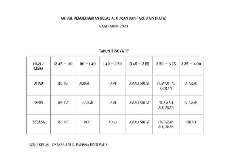 Jadual Kelas KAFA 2023 | PDF
