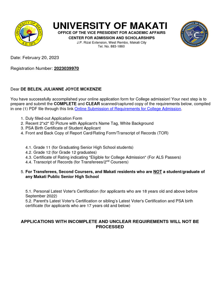 University of Makati Application Form | PDF
