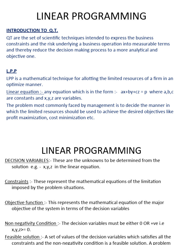 LINEAR PROGRAMMING Formulation LPP Solution and Measure of Central | PDF