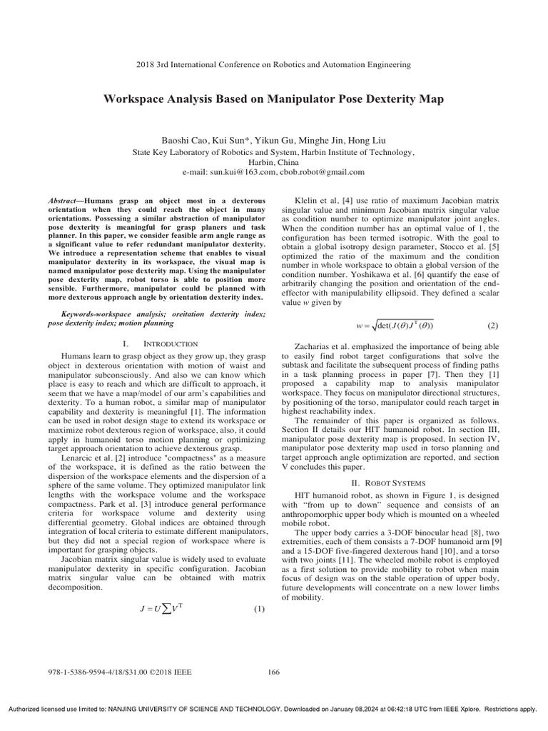 Workspace Analysis Based On Manipulator Pose Dexterity Map | PDF