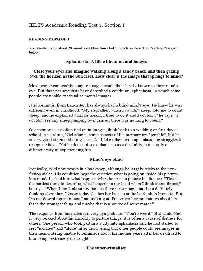 IELTS Academic Reading Test 1 | PDF | Mental Image | Cognition