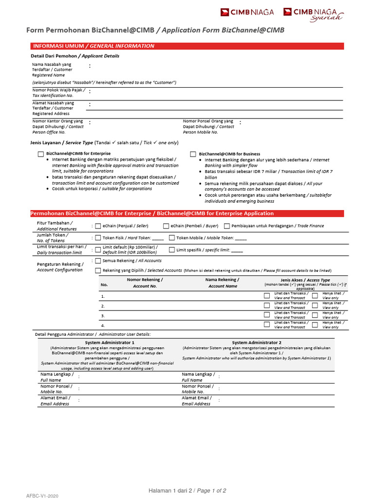 Form Aplikasi BizChannel@CIMB V1 2020 | PDF