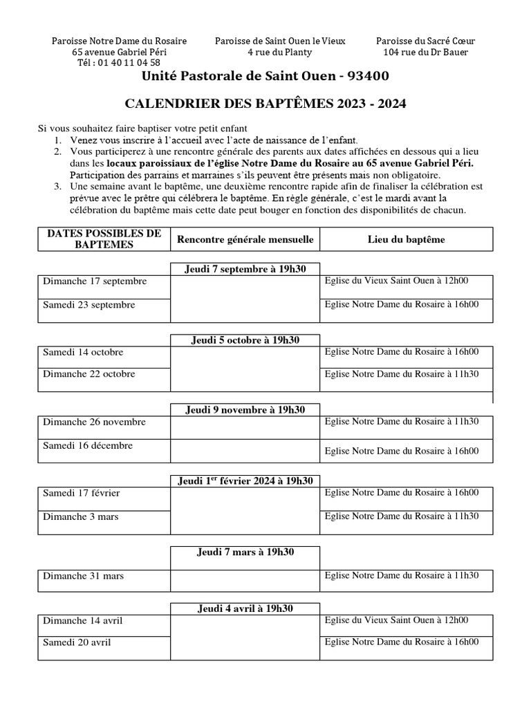 Calendrier Des Baptemes 2023-2024 | PDF Calendrier Des Baptemes 2023-2024 | PDF