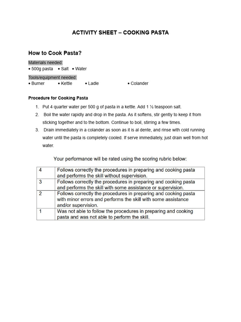 Activity Sheet-Cooking Pasta | PDF