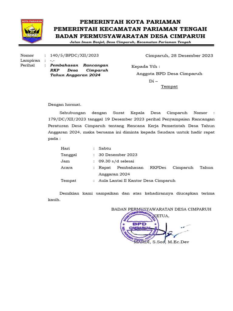 Undangan Pembahasan RKPDes 2024 (Anggota BPD) | PDF