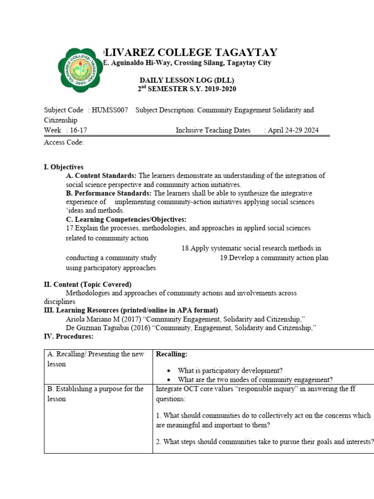 Community Engagement Lesson Plan 2019-2020 | PDF