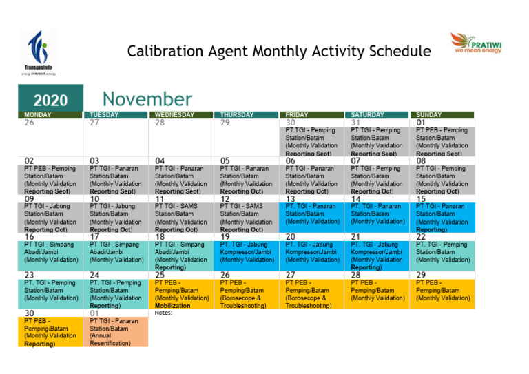 Schedule Nov Calibration Agent Monthly Activity Pdf