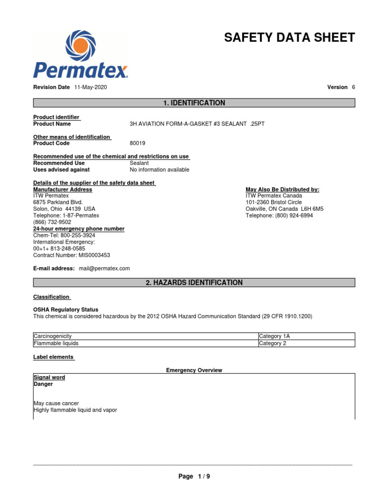 3H Aviation Form-A-Gasket #3 Sealant SDS | PDF | Science & Mathematics ...