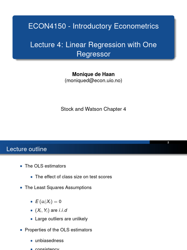Lecture4 Linearregression Oneregressor | PDF | Ordinary Least Squares | Estimator