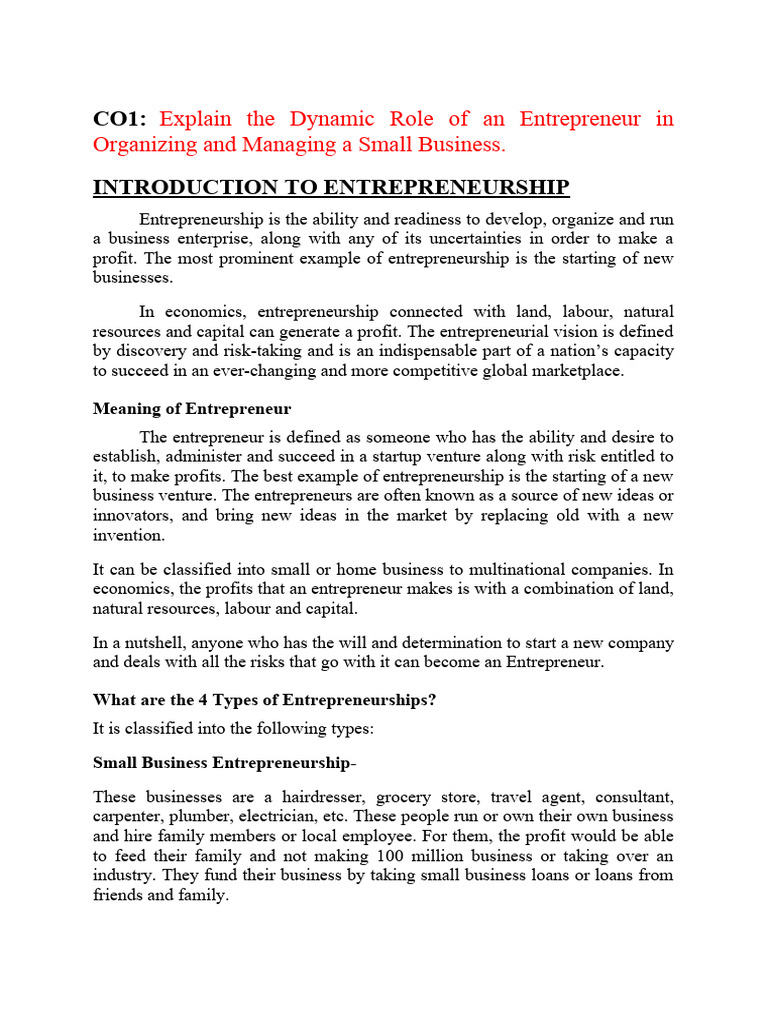 CO1: Introduction To Entrepreneurship | PDF | Entrepreneurship | Small ...