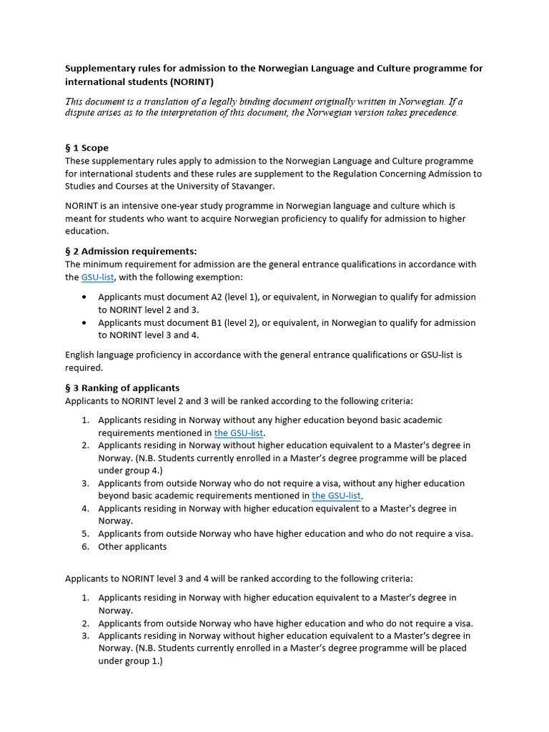 NORINT Admission Rules for Intl. Students | PDF