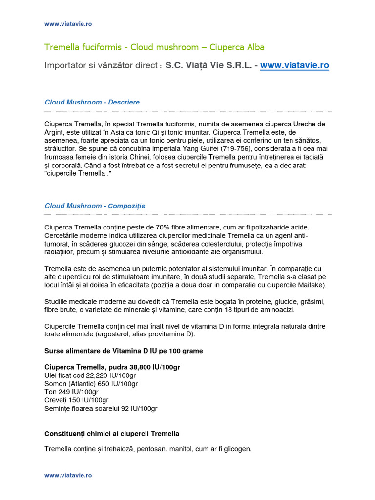 Tremella Fuciformis - Cloud Mushroom - Informatii Suplimentare | PDF