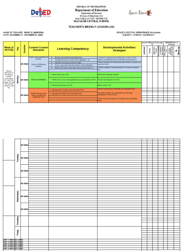 Lesson Log format SPED | PDF