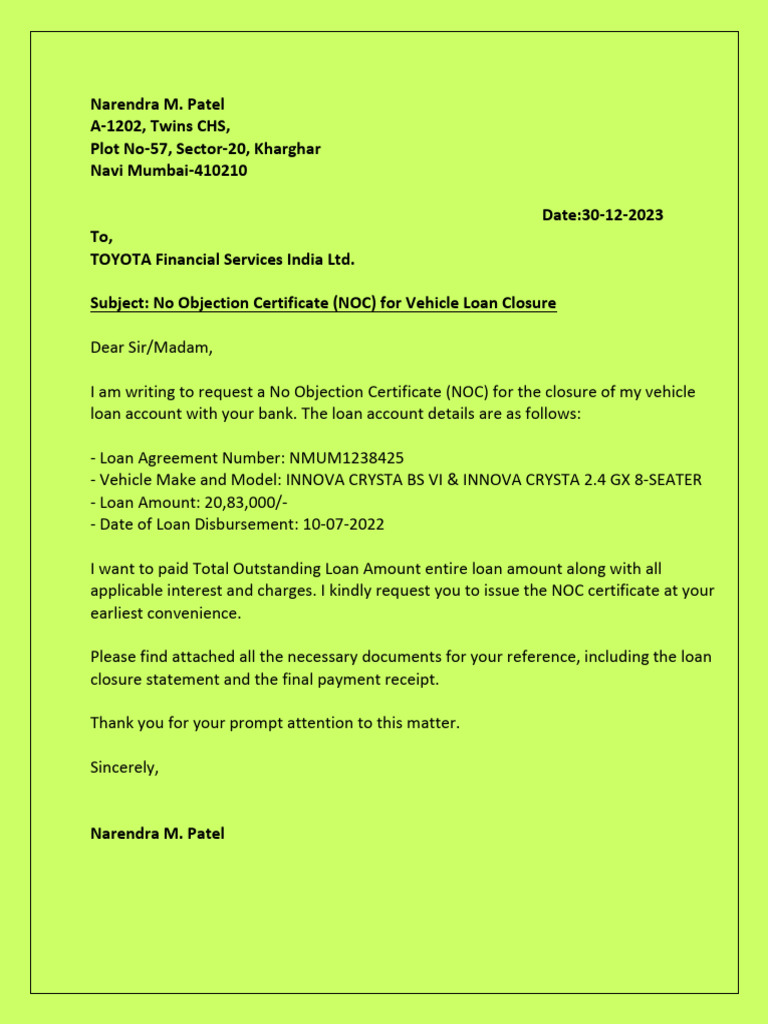 NOC For Vehicle Loan Closure | PDF
