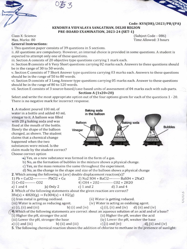 QuestionPaper - KV - PreBoard - X Class | PDF