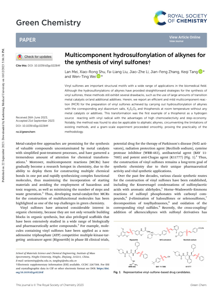 Green Chemistry: Multicomponent Hydrosulfonylation of Alkynes For The Synthesis of Vinyl ...