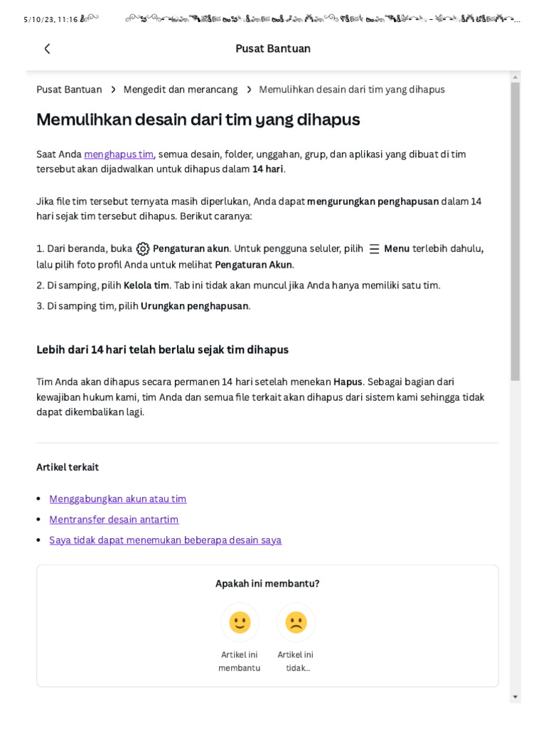 Memulihkan Desain Dari Tim Yang Dihapus - Pusat Bantuan Canva | PDF