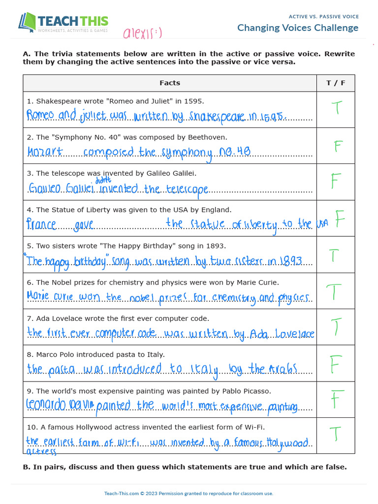 Active vs. Passive Voice Exercise | PDF