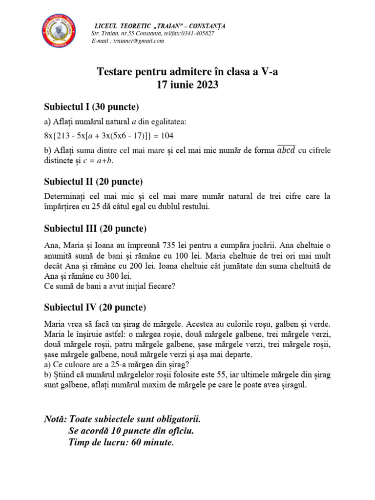 Culegere Teste Admitere Liceul Teoretic Traian PTR Clasa AVa | PDF
