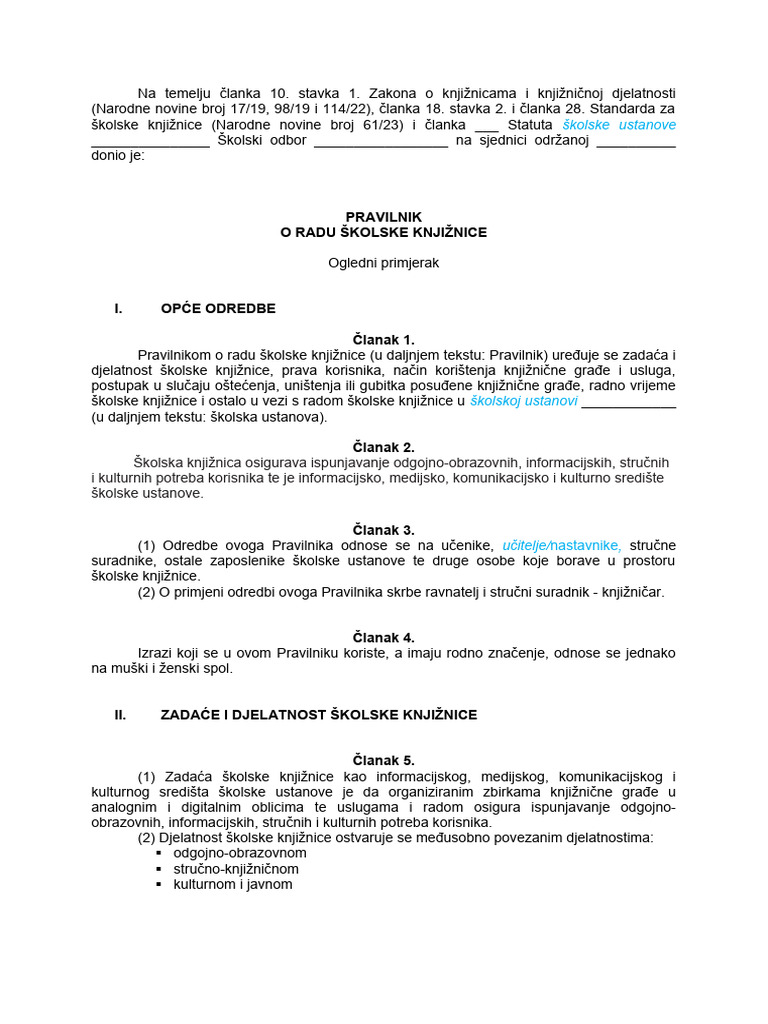 Pravilnik o Radu Školske Knjižnice 2023 KV | PDF