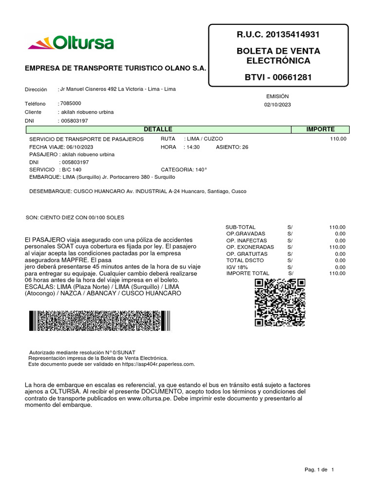 Pasaje Lima Cusco Akilah | PDF