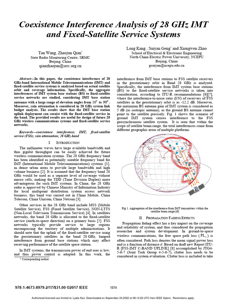 Coexistence Interference Analysis of 28 GHZ IMT and Fixed-Satellite Service Systems | PDF