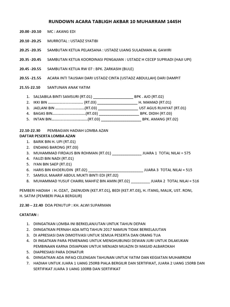 RUNDOWN ACARA TABLIGH AKBAR 10 MUHARRAM 1445H | PDF