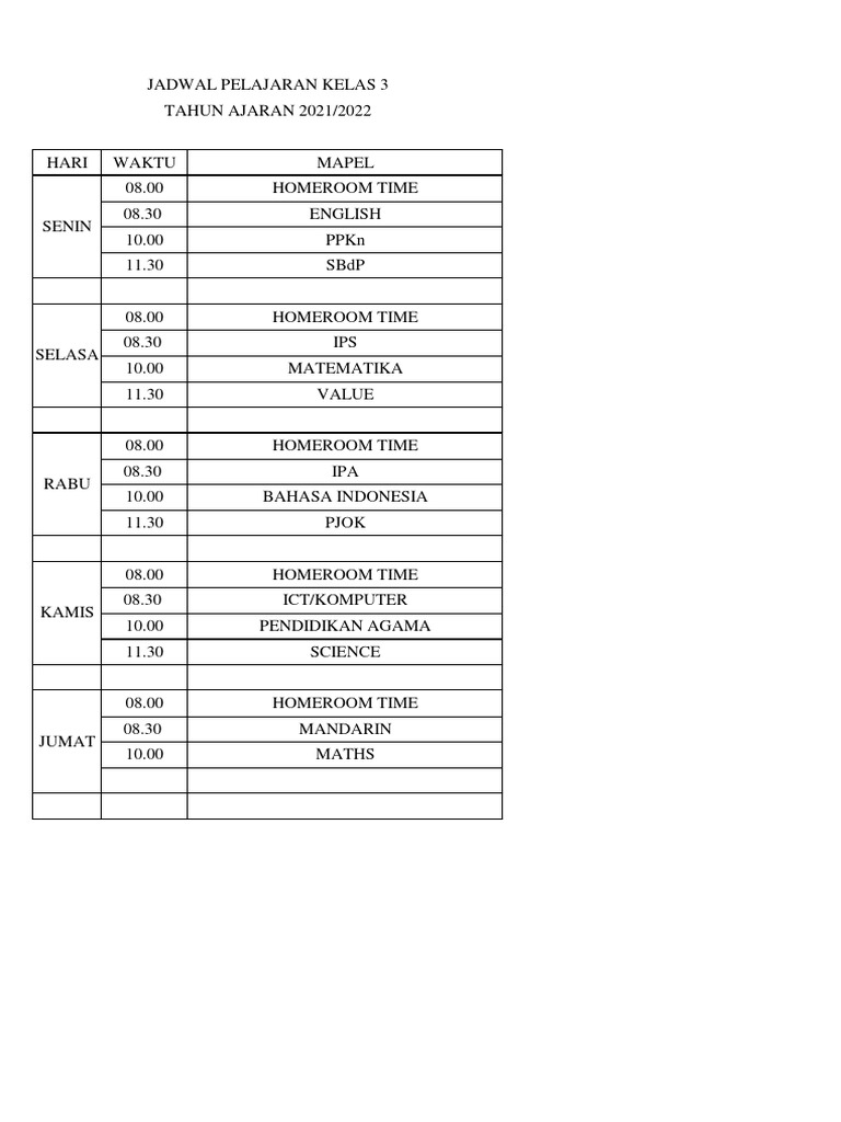 Jadwal Pembelajaran Kelas 3 | PDF
