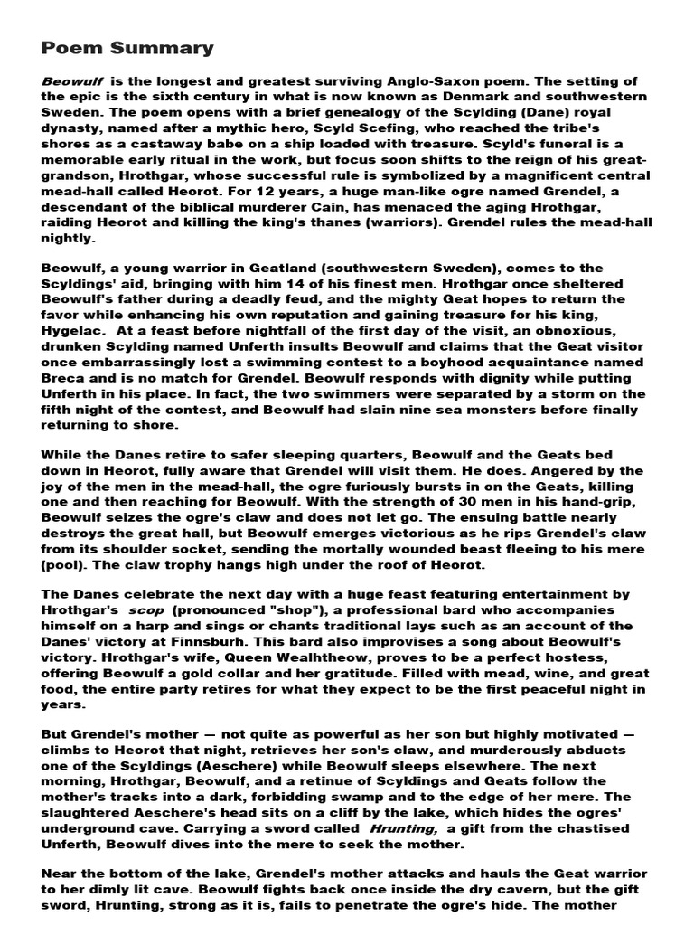 Beowulf Epic Poem Summary | PDF | Classics | General Fiction