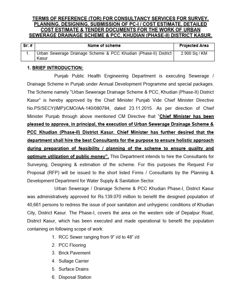 Urban Sewerage Drainage Scheme & PCC Khudian (Phase-II) District Kasur 2.900 SQ / KM | PDF ...