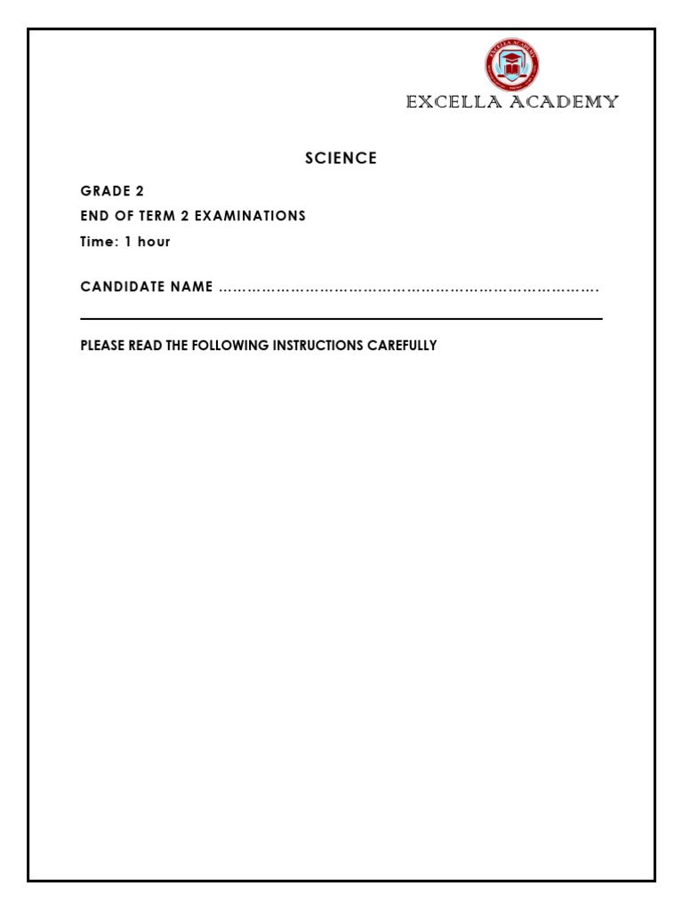 Excella Academy Grade 1 Science Exam | PDF | Science & Mathematics